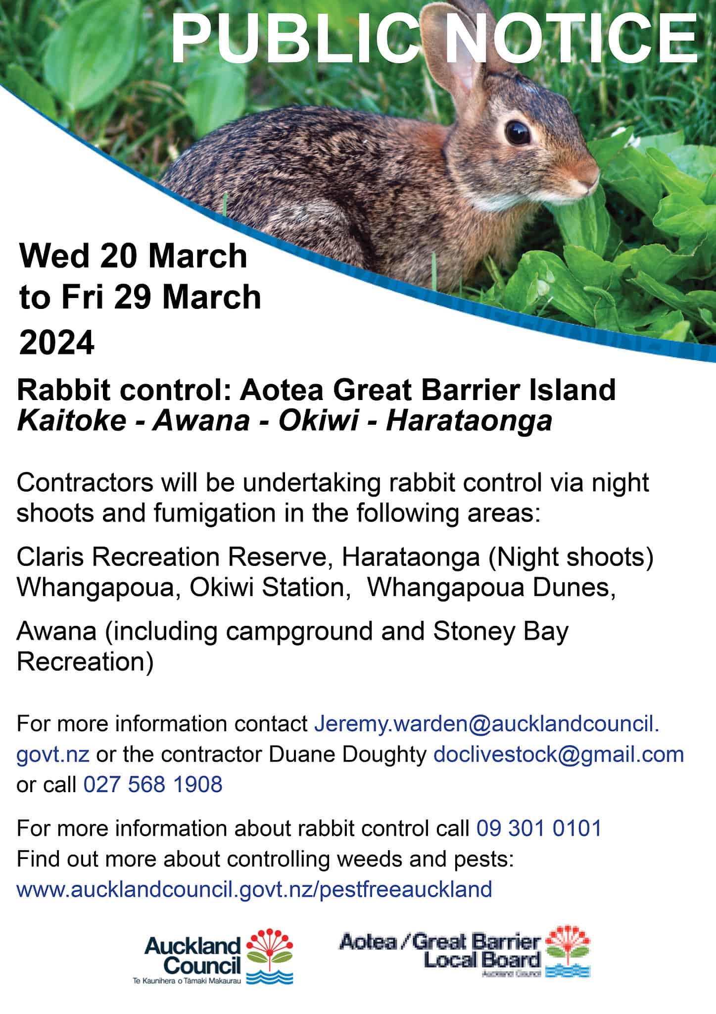 Rabbit Control Notice - Aotea Great Barrier Island